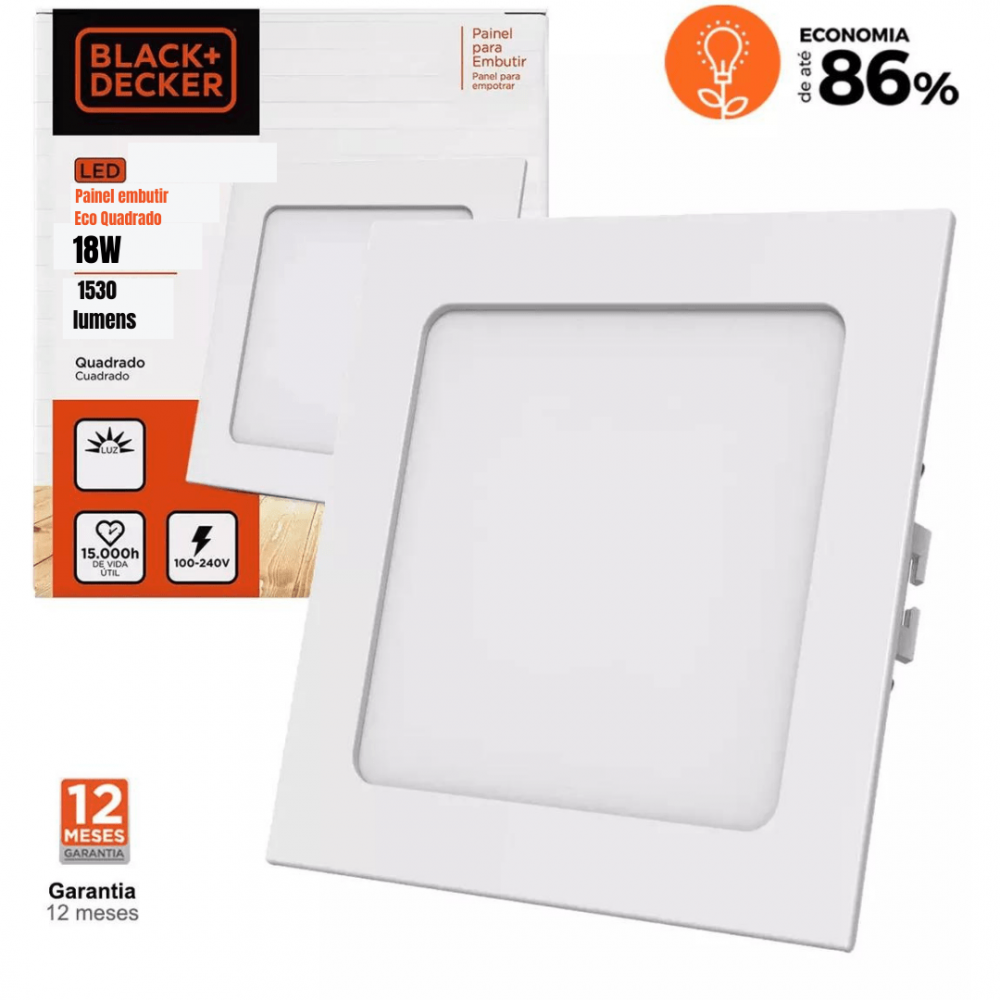Kit 10 painel led plafon luminaria 18w quadrado Embutir 6500k branco frio black + decker